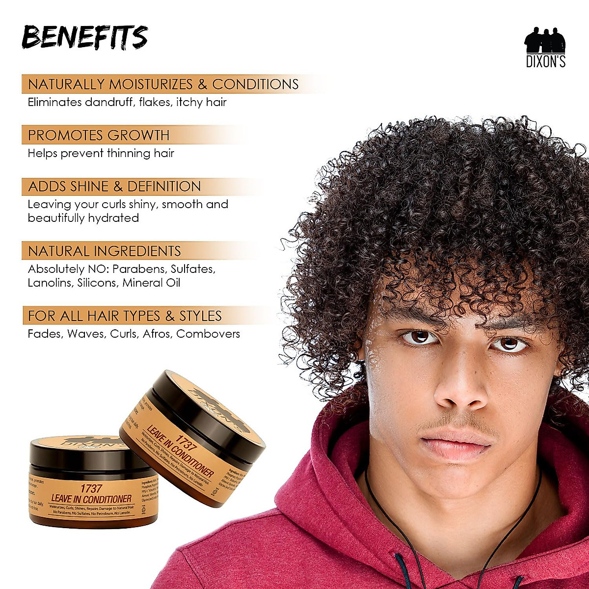 Dixon's 1737 Leave-In Conditioner, Daily Hair Moisturizer for Curly Hair, Damage Repair and Frizz Prevention Treatment (4 Fl oz)