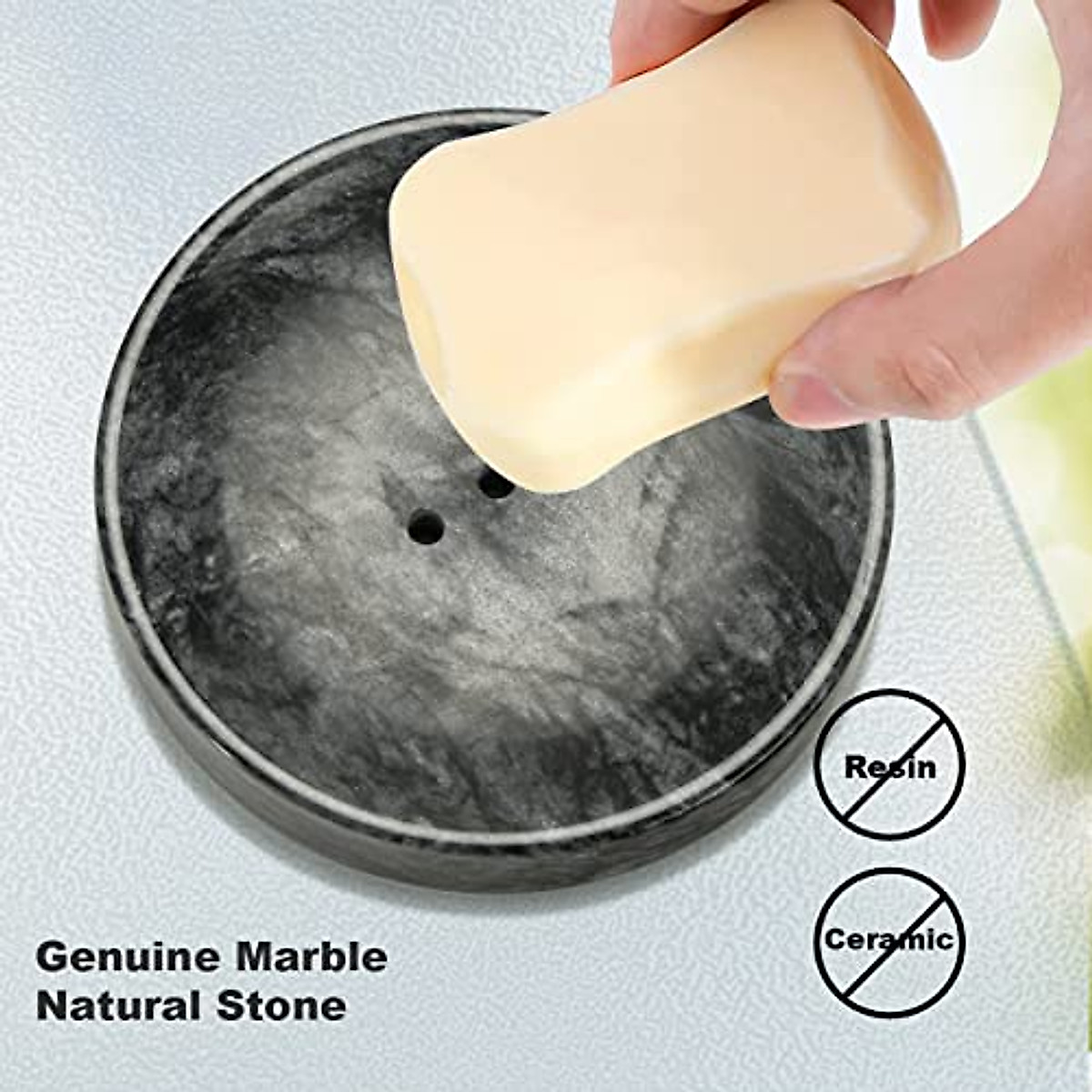 Tahit Round Genuine Marble Soap Dish, Real Stone Facial Sponge Tray with Drain, Natural Stone Soap Dishes Holder for Bathroom Shower Kitchen Sink (Black)