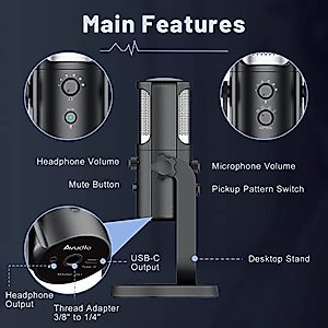 Angetube USB Microphone for PC Mac PS5 PS4, Computer Recording Condenser Mic for Gaming, Streaming, Podcasting, 4 Pickup Patterns, Mic Gain Control & Mute Button Headphone Monitoring Port Plug & Play