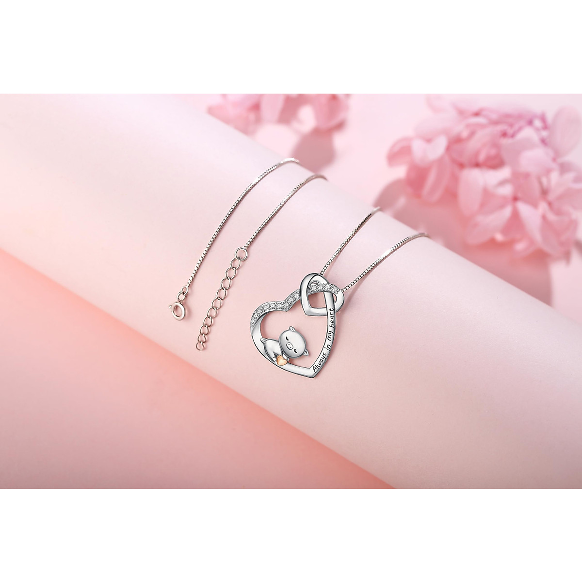 ABBGIABBW Pig Necklace 925 Sterling Silver Cute Pet Pig Heart Pendant Necklace Animal Jewelry Birthday Gift for Women