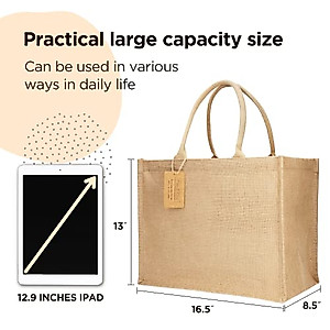2 Pack Jute Tote Bags - X-Large Reusable Jute Tote Bag with Handles and Top Zipper Closure - Water Resistant Blank Tote Bags for Bridesmaid Wedding Gift, Grocery, Shopping, Beach, and DIY Crafts
