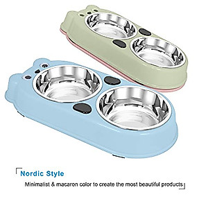 UPSKY Double Dog Cat Bowls Double Premium Stainless Steel Pet Bowls with Cute Modeling Pet Food Water Feeder (Blue)