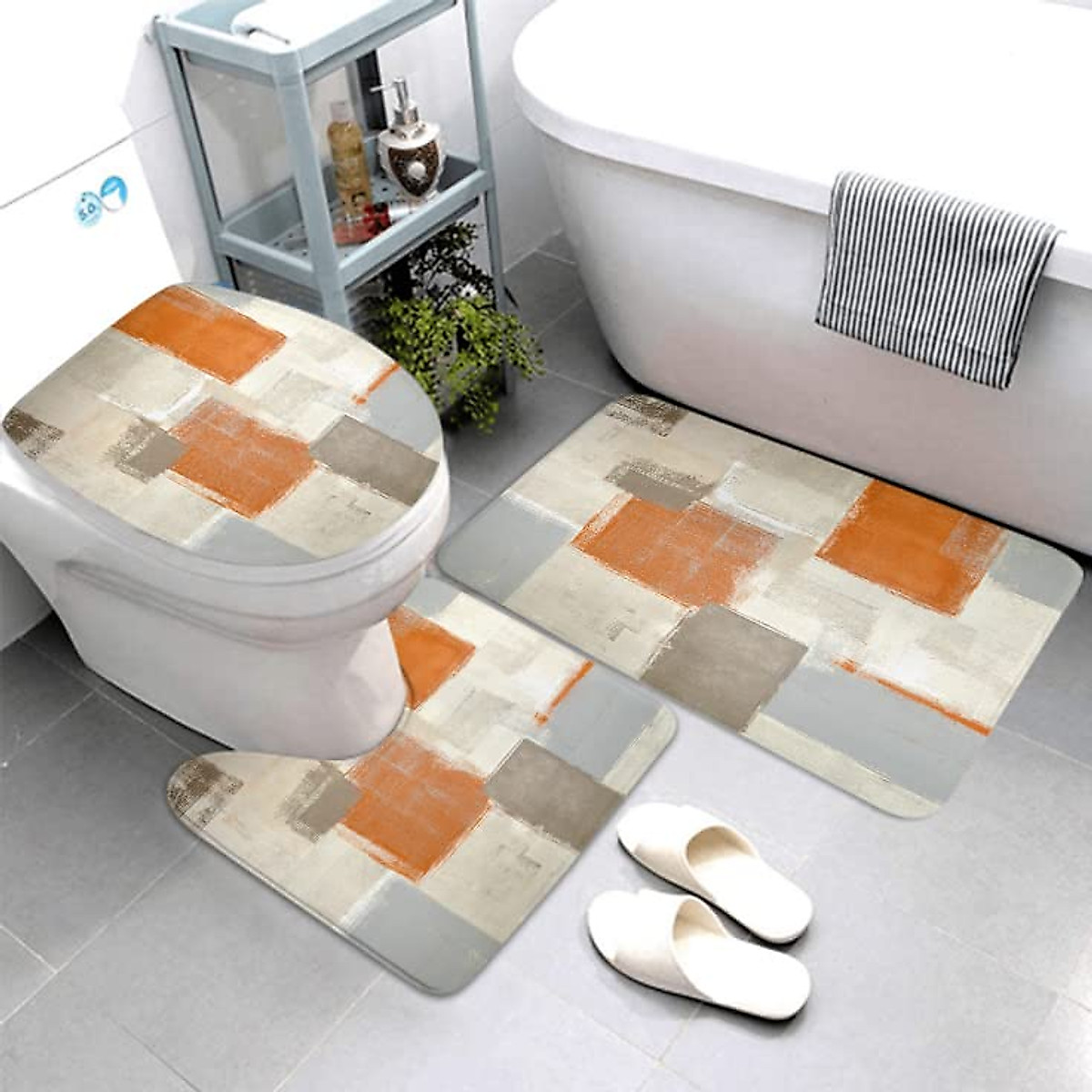 LOKMU 4 Pcs Shower Curtain Sets with Non-Slip Rugs, Toilet Lid Cover and Bath Mat,Gray Beige and Orange Abstract Brown White Waterproof Shower Curtain with 12 Hooks, Bathroom Decor Sets, 72" x 72"