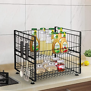 Fashionwu 2 Tier Fruit Basket with 4 Removable Banana Hangers, Fruit Bowl for Kitchen Counter, Kitchen Storage Organizer Holder for Fruit Vegetable, Black