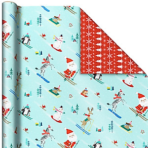 Hallmark Reversible Christmas Wrapping Paper for Kids (3 Rolls: 120 Sq. Ft. Total) Snowmen, Stripes, Trees, Skiing Santa, Zebras, Hedgehogs, Penguins