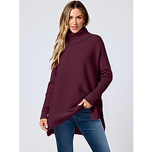 ANRABESS Women's Oversized Turtleneck Batwing Sleeve Spilt Casual Loose Knit Tunic Pullover Sweater Tops 2025 Fall Outfits Wine Red Small