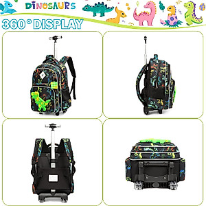 Meetbelify Rolling Backpack for Boys with Lunch Box Set Dinosaur Backpack with Wheels Kids Travel Suitcase Laptop Luggage for Boys Age 6-8