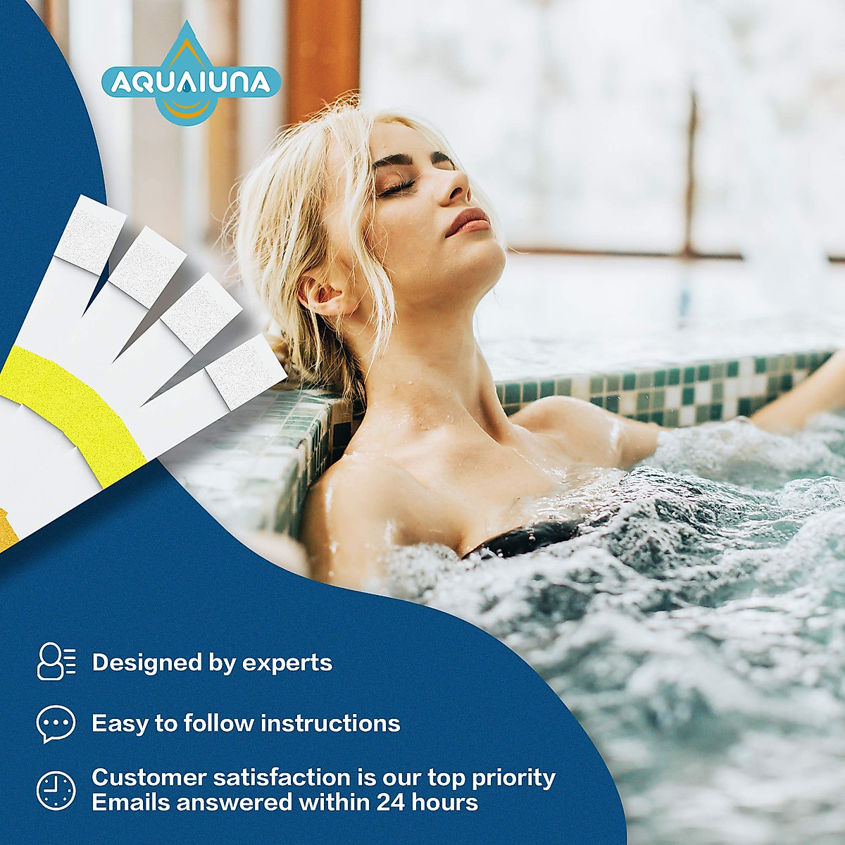 Aqualuna Pool and Spa Test Strips 100 Counts: 3 Way Hot Tub Test Kit Testing for Free Chlorine/Bromine, Total Alkalinity and pH. Easy and Accurate Spa Test Strips for Hot Tub
