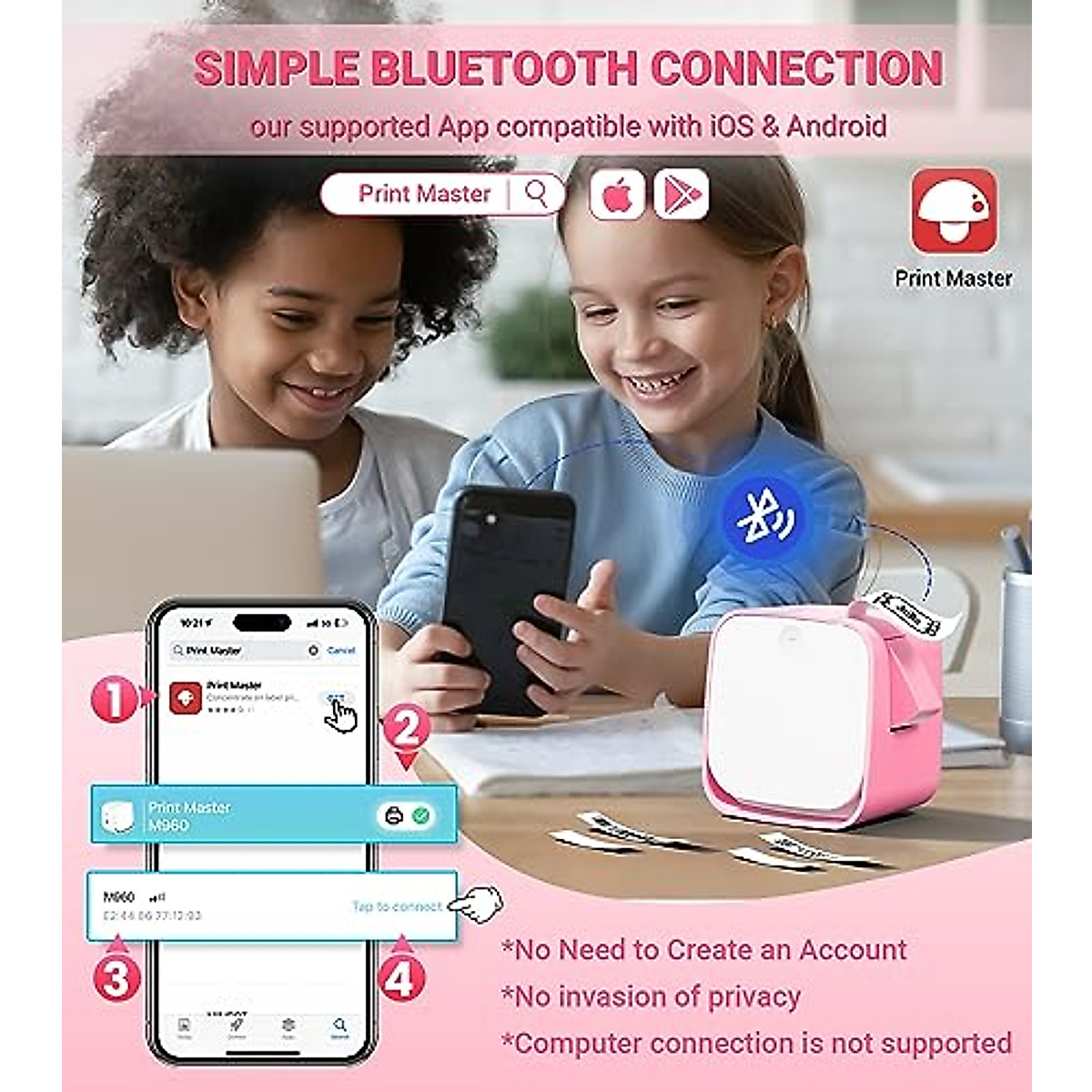 Vixic Label Maker Machine with Tape, M960 Mini Bluetooth Label Printer Inkless Label Sticker Makers Portable Handheld Labeler with Multi-Templates Font&Icon, Rechargeable for Office Home Organizing