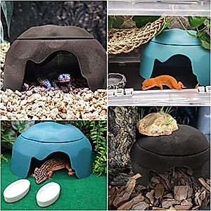 Hamiledyi Reptile Hide Box Leopard Gecko Hideout Cave with Sink Humidifier Lizards Hideaway Hut Flexible Leaves Pet Habitat Decor for Snakes Leopard Spiders Turtles Amphibians