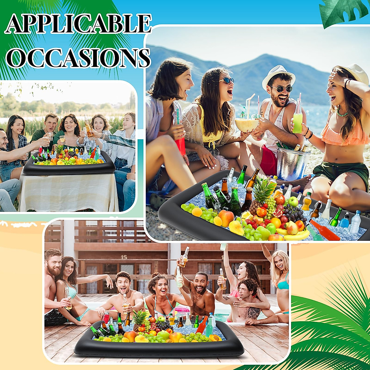 Leitee Inflatable Serving Bar Kit Includes Salad Buffet Tray with Drain Plug Mesh Food Cover Food Drink Containers and Inflator for Ice Supplies Summer Party Camping Picnic(Black)