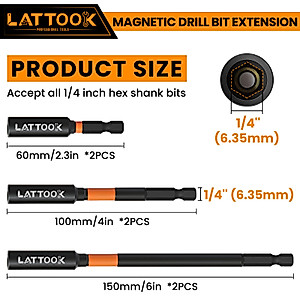 Drill Bit Extension Set, LATTOOK 6PCS Magnetic Drill Extension Bit Holder for Impact Driver, 1/4" Hex Shank Drill Bit Extender, 2.3'', 4'', 6'' Drill Bit Extension