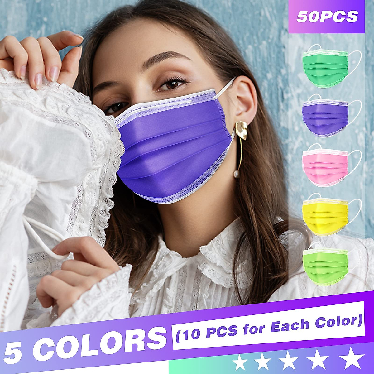 Disposable Face Masks, 50 Pack- 3 Layer Individually Wrapped Masks For Women, Men, Unisex Adults, Breathable Colorful Face Masks Disposable(5 Rainbow Colors)