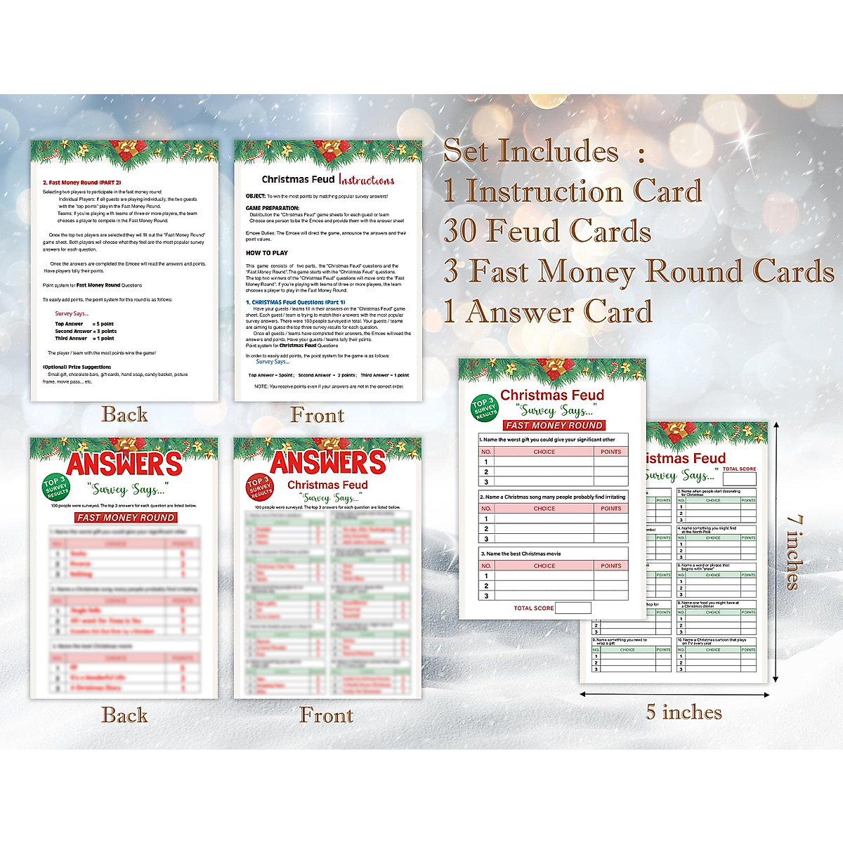 Christmas Feud Games, Feud Trivia Quiz, Party Games for Adults, Family Activities, Baby Shower Game, 30 Feud Cards and 3 Fast Money Round Cards, Winter Party Supplies-LQ5