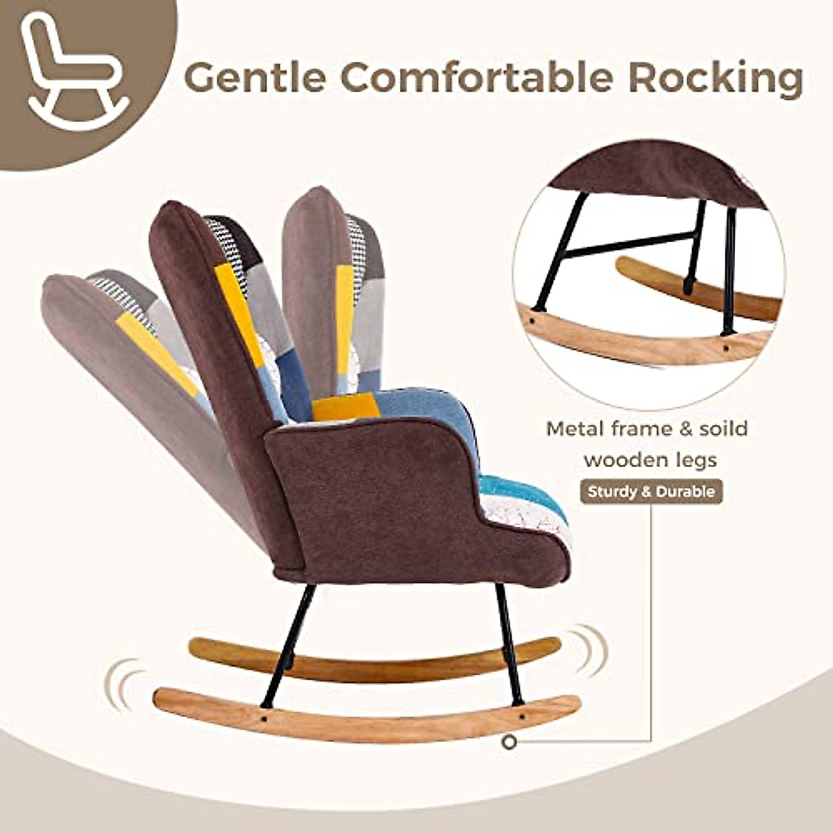 Unovivy Rocking Chair Nursery, Upholstered Nursing Armchair with Wooden Base, Baby Glider Rocker with Backrest, Small Gliding Seat for Bedroom, Living Room, Office, 30 Inches Depth, Patchwork Blue