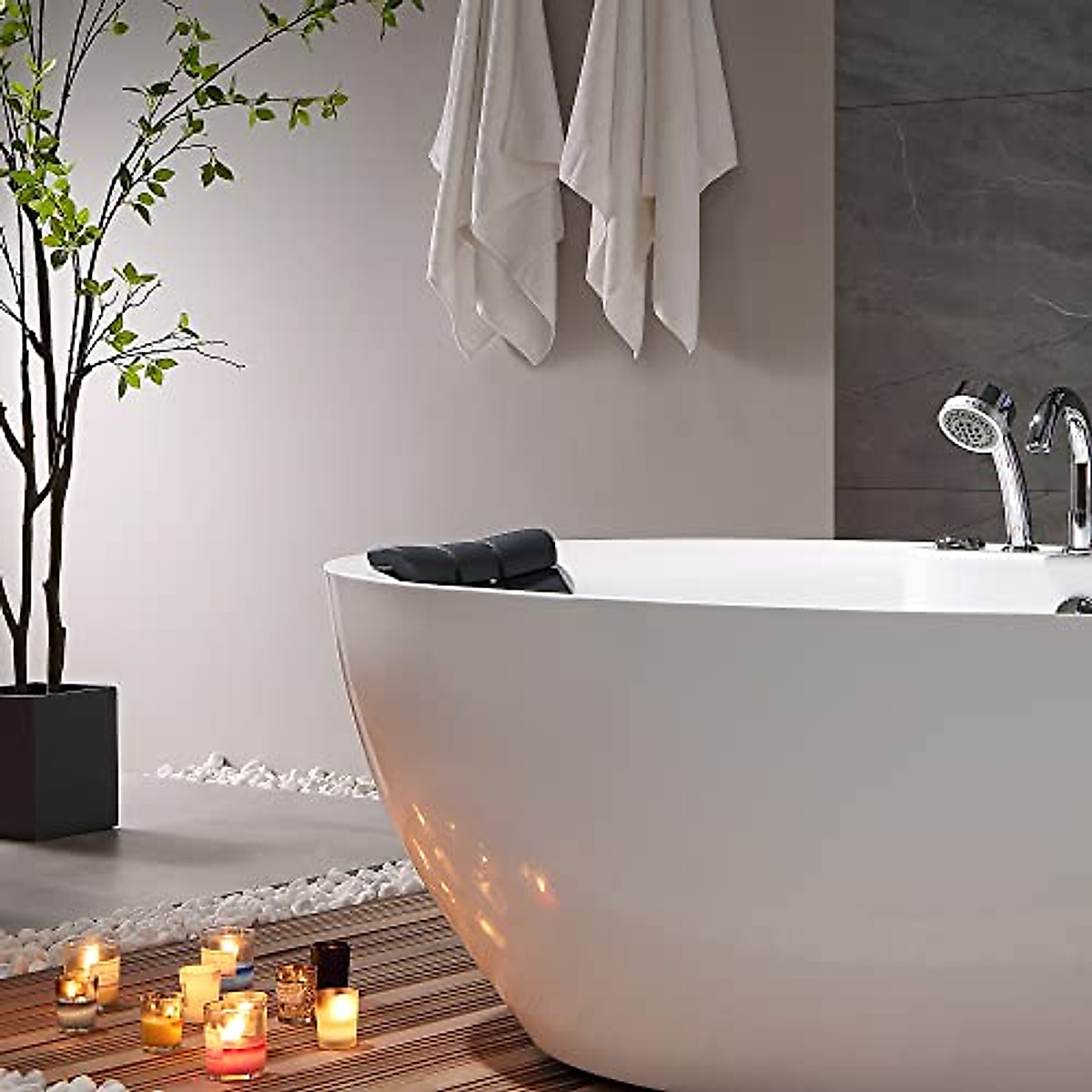 Empava 59 in. Acrylic Freestanding Tub Hydromassage Gracefully Oval Shaped Whirlpool 7 Water Jets Soaking SPA, Double-Ended Massage Bathtub with Black Pillow , White