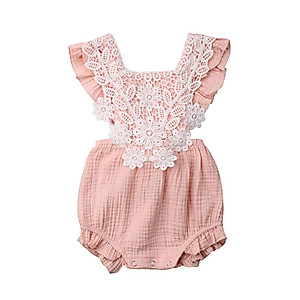 KMBANGI Cute Infant Newborn Baby Girl Lace Ruffle Romper Jumpsuit Bodysuit Summer Outfit Clothes (12-18 Months, Pink)