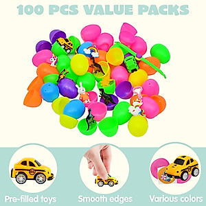 JOYIN 100 Pcs Prefilled Easter Eggs with Toys Plus Stickers, Filled Easter Eggs with Toys Party Favors for Kids Boys Girls Easter Eggs Hunt, Easter Basket Stuffers Fillers,Classroom Prize Supplies