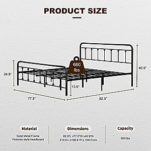IKIFLY King Size Metal Platform Bed Frame with Headboard & Footboard - Strong Steel Slat Support - Mattress Foundation - Victorian Vintage Style - No Box Spring Needed - Black/King