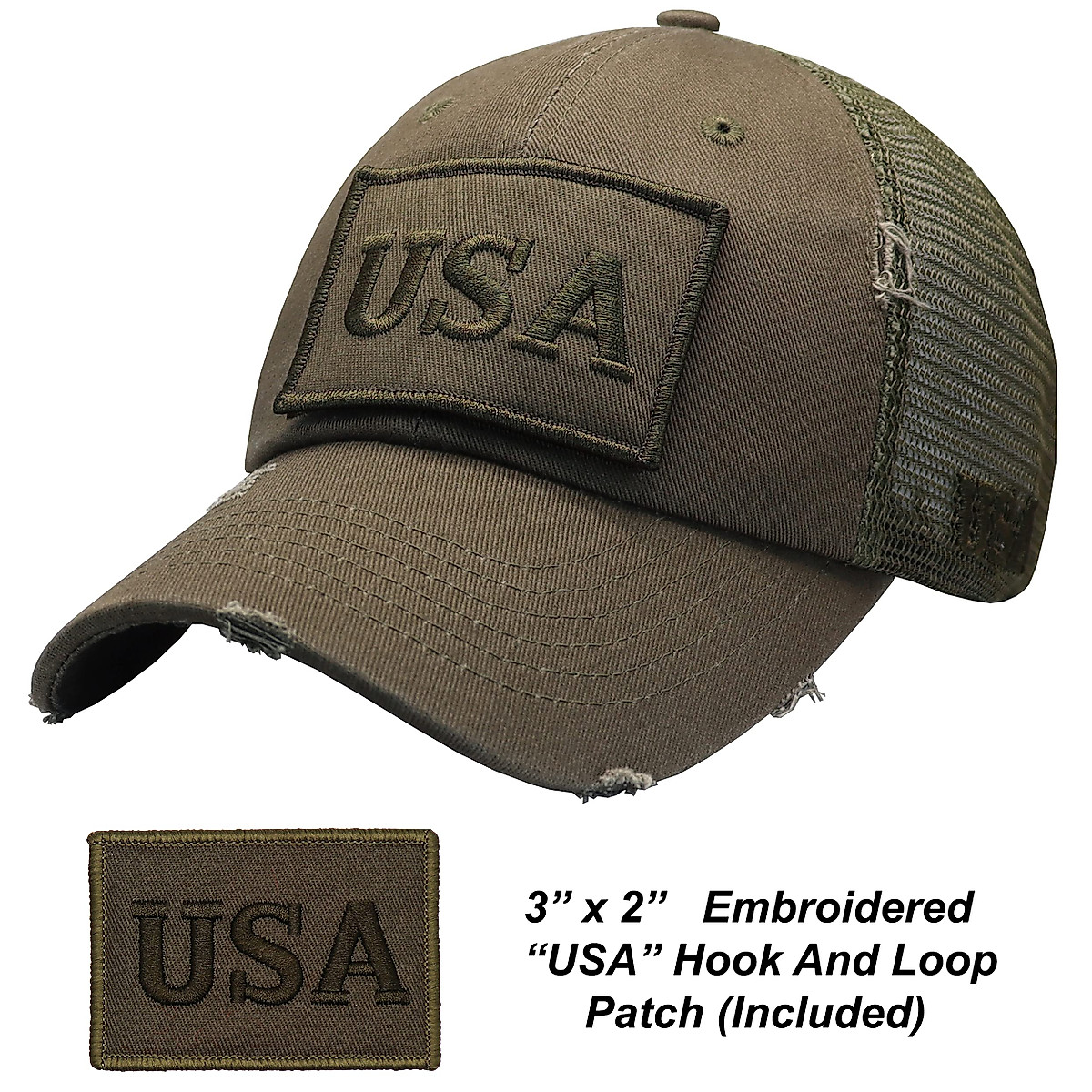 Antourage American Flag Unconstructed Hat for Men and Women Twill Mesh Snapback Baseball USA Flag Cap + 2 Patriotic Patches ((02) Olive Distressed Mesh Snapback)
