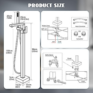 FAHKNS Matte Black Freestanding Bathtub Faucet Bathtub Filler Floor Standing Bathtub Faucet Single Handle Brass Faucet High Flow Shower Faucet with Hand Shower, Rust-proof Surface