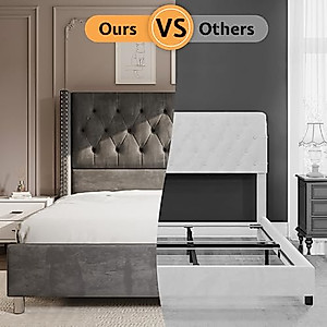 PaPaJet Upholstered Queen Bed Frame with Tall Headboard, Wingback Platform Bed, Velvet Tufted Button, No Box Spring Needed, Easy Assembly, Grey