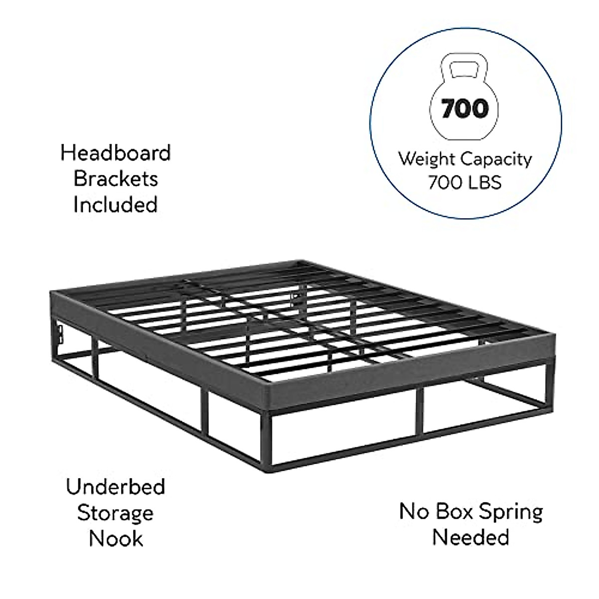 Classic Brands Capri Black Metal Platform Bed Frame with Built-in Grey Upholstered Mattress Foundation, Queen