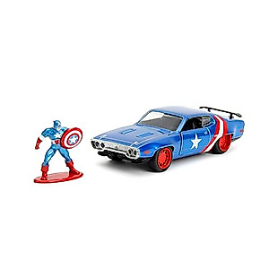 Jada 1972 Plymouth GTX Candy Blue with Red and White Stripes and Captain America Diecast Figure The Avengers Hollywood Rides Series 1/32 Diecast Model Car