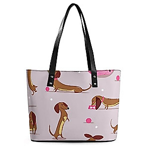 Womens Handbag Dachshund Dog Pattern Leather Tote Bag Top Handle Satchel Bags For Lady