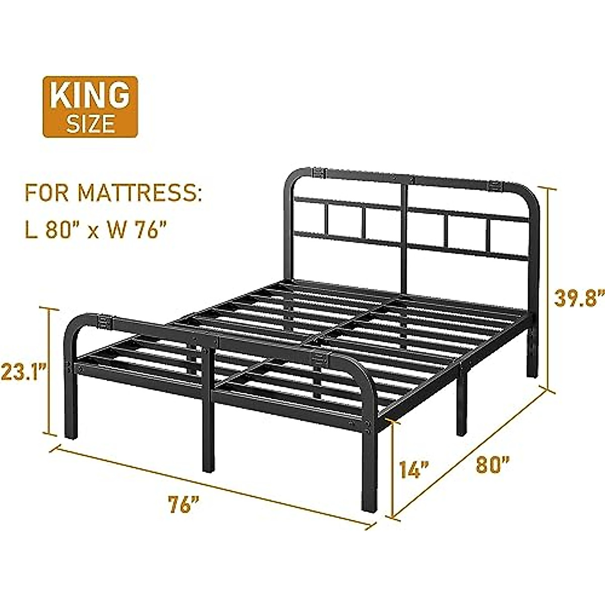 Cleaniago 14 Inch High King Size Bed Frame with Headboard and Footboard, 14 Inch High, Steel Slats with 3000lbs Support, No Box Spring Needed, Noise Free,Easy Assembly, Black