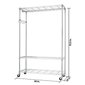 TRINITY EcoStorage Rolling Garment Rack with Shelves Hooks for Clothing Storage for Bedroom, Closet Organization, Entryway, and More, Chrome, 48” W x 18” D x 75.7” H