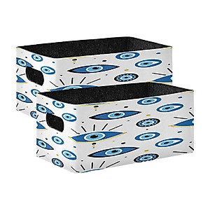 Kigai Turkish Blue Eye Storage Basket for Shelves, Foldable Open Storage Bins with Double Handle, Set of 2 Rectangular Felt Storage Organizer Boxes for Office Desk Home
