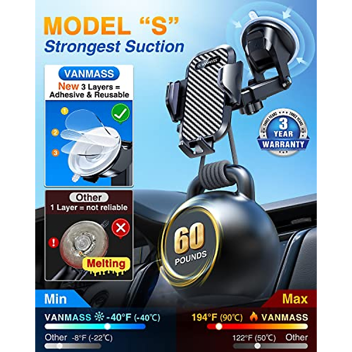VANMASS [Latest Model] Car Phone Holder Mount, Dashboard Phone Holder Universal Powerful Suction Cup Mount, Dash Windshield Air Vent Truck Stand Compatible with All Phones Black