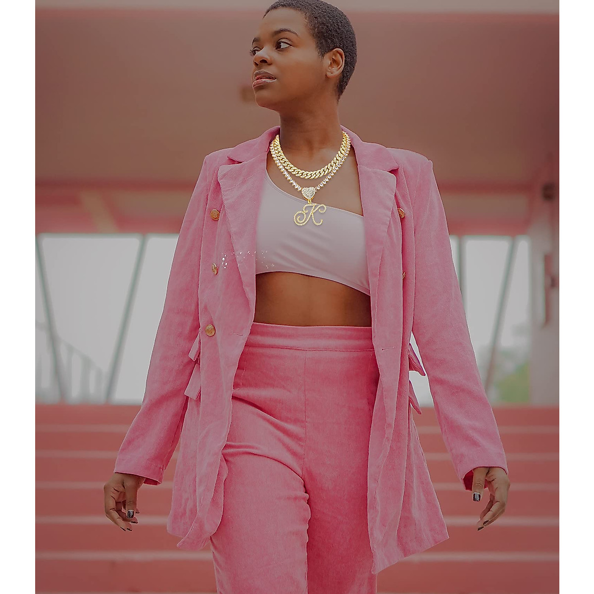 KOHOTA Gold Cuban Link Chain for Women Cursive Initial Pendant Necklace Layered Heart Shaped Zirconia Iced Out Chain Bling Necklace 24K Gold Plated Luxury Hip Hop Jewelry