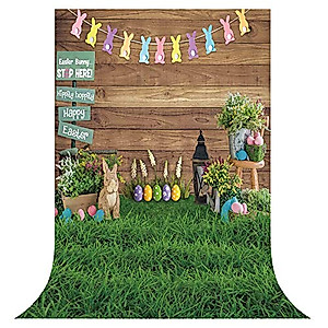 Funnytree 5x7ft Spring Happy Easter Theme Photography Backdrop Rustic Wooden Wall Background Bunny Rabbit Colorful Eggs Grass Floral Baby Kids Portrait Party Decor Banner Photo Booth Studio