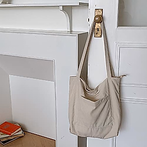 WantGor Women Corduroy Tote Bag, Large Shoulder Hobo Bags Casual Handbags Big Capacity Shopping Purses Work Bag (Beige)