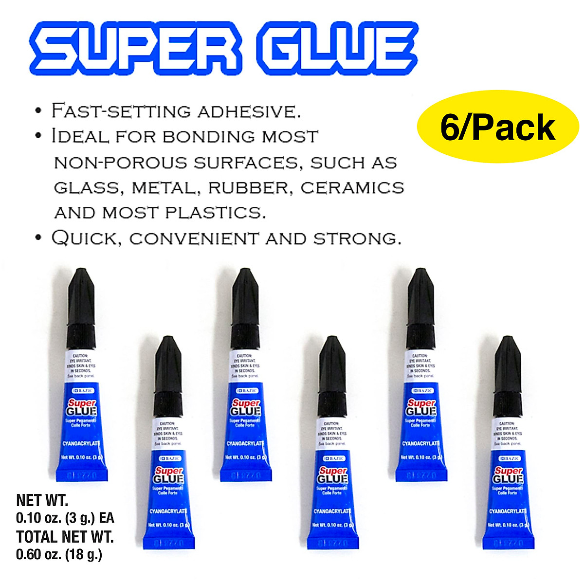 BAZIC Super Glue 3g/0.10 Oz., Small Tube Clear Adhesive Fluid Liquid Bonding for Office & Home Improvement (6/Pack), 1-Pack