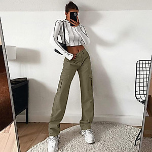 Cargo Pants Women High Waist Baggy Cargo Jeans Relaxed Fit Y2K Streetwear Pants Casual Elastic Waistband Combat Military Trousers L-Gray Green.