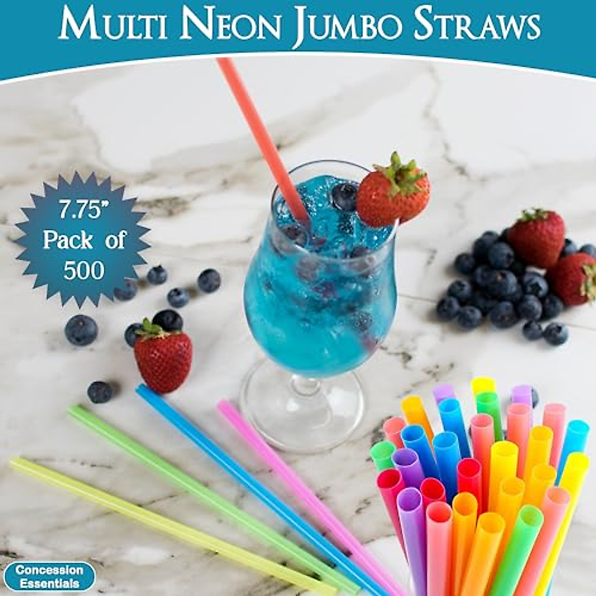 Concession Essentials Neon Jumbo 7.75 UN 500 Neon Jumbo Straws, 7.75" Unwrapped 500ct (Pack of 500), Multi Neon (CENeon7.75Unwrapped-500CT)