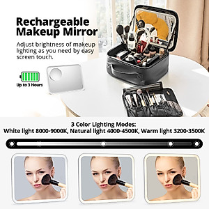 Omobolanle Makeup Bag with Mirror Led Light Detachable Portable Make up Travel Train Case with Adjustable Dividers and 10x Magnifying Mirror Black