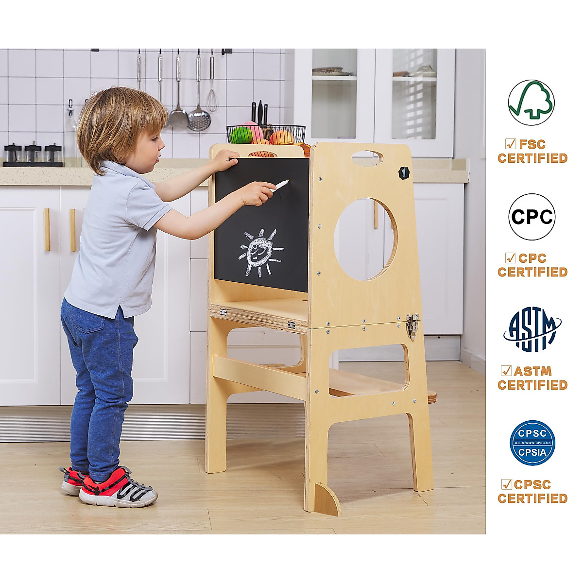 Foldable 4-in-1 Study Tower with Chalkboard for Learning, Montessori Kitchen Step Stool Toddlers Folding Stool for Kids 1-6years Ideal Helper