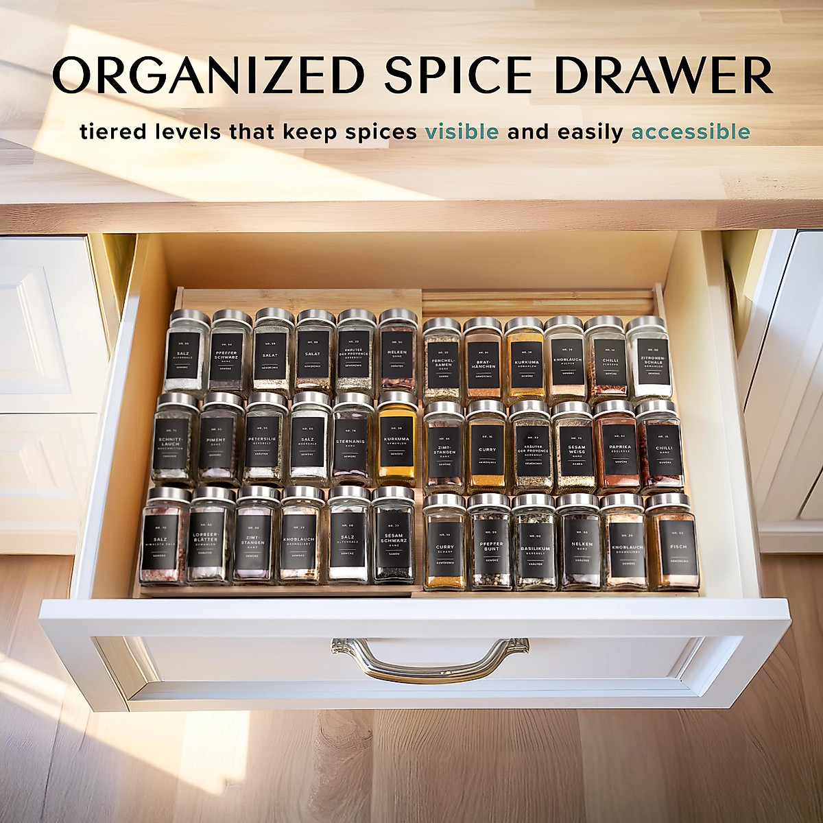 Bamboo Spice Drawer Organizer - Expandable 4 Tier Spice Rack (Need 3" Deep Drawer) 12" to 23" Wide, Seasoning Organizer, Organization Seasoning Rack insert for Kitchen Cabinet (Jars Not Included)