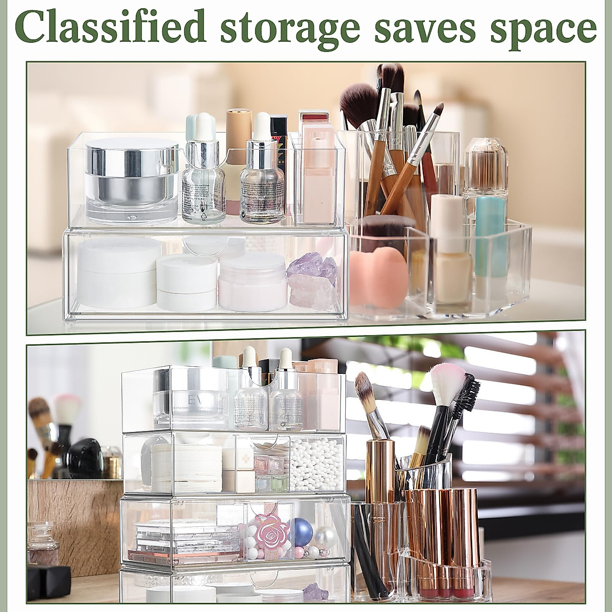 CroBlissful Medicine Cabinet Organizer 4 Tier Stackable Makeup Organizer Tray with 2 Drawers 2 Storage Box 1 Lip Gloss Holders and 1 Movable Partition for Bathroom Cabinet Wall Vanity