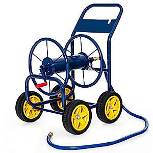 Goplus Garden Hose Reel Cart, Heavy Duty Water Planting Cart w/Non-slip Crank Handle, 4 Solid Wheels, Outdoor Hose Reel Holds 330 FT of 3/4", 5/8” & 400 FT of 1/2" Hose for Garden Yard Lawn Farm