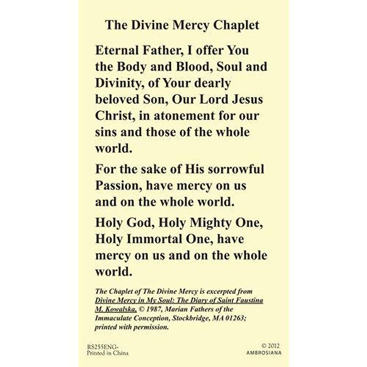 Divine Mercy of Jesus Holy Card with divine mercy chaplet on the back (10 pack)