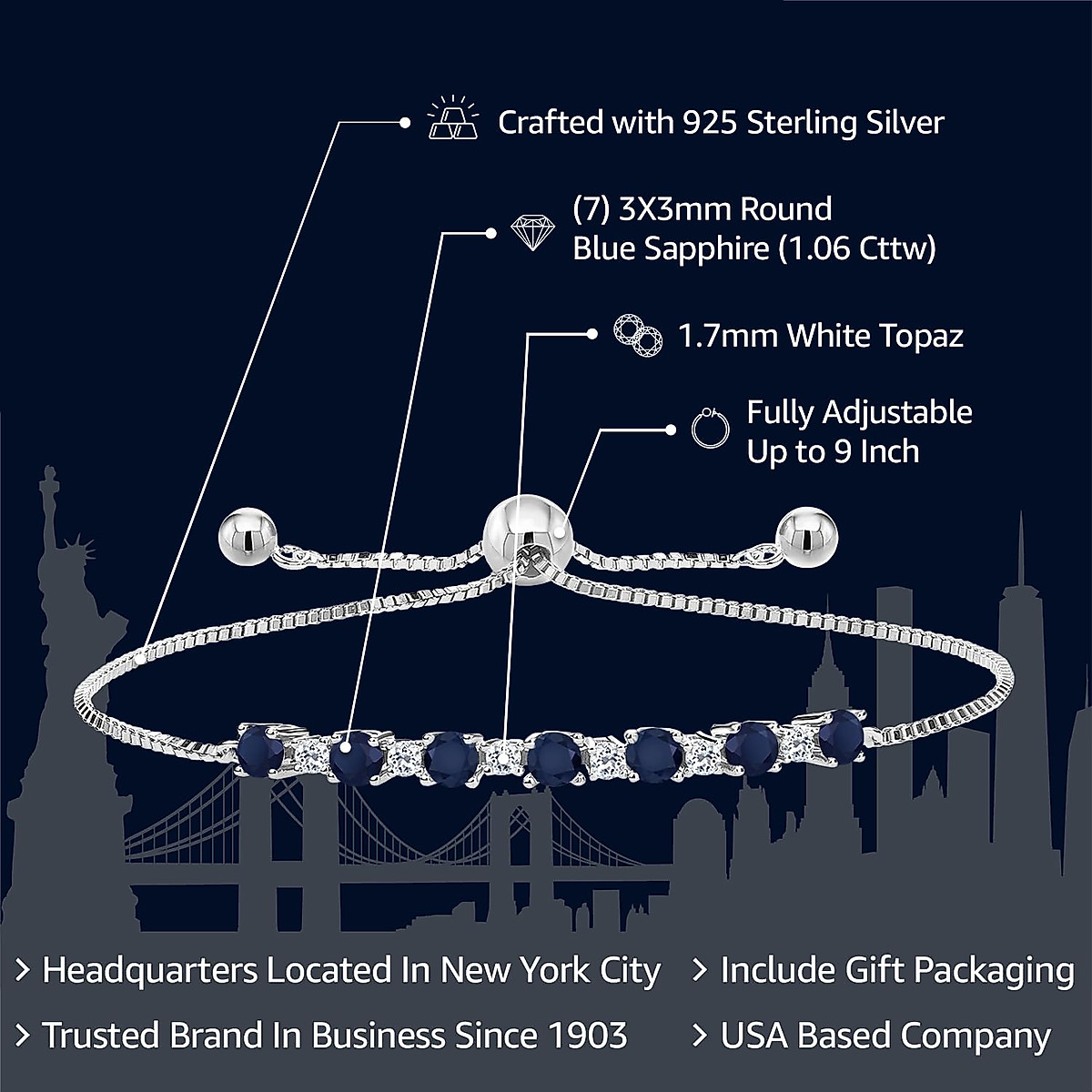 Gem Stone King 925 Sterling Silver Blue Sapphire and White Topaz Tennis Bracelet For Women (1.06 Cttw, Gemstone Birthstone, Adjustable Up to 9 Inch)