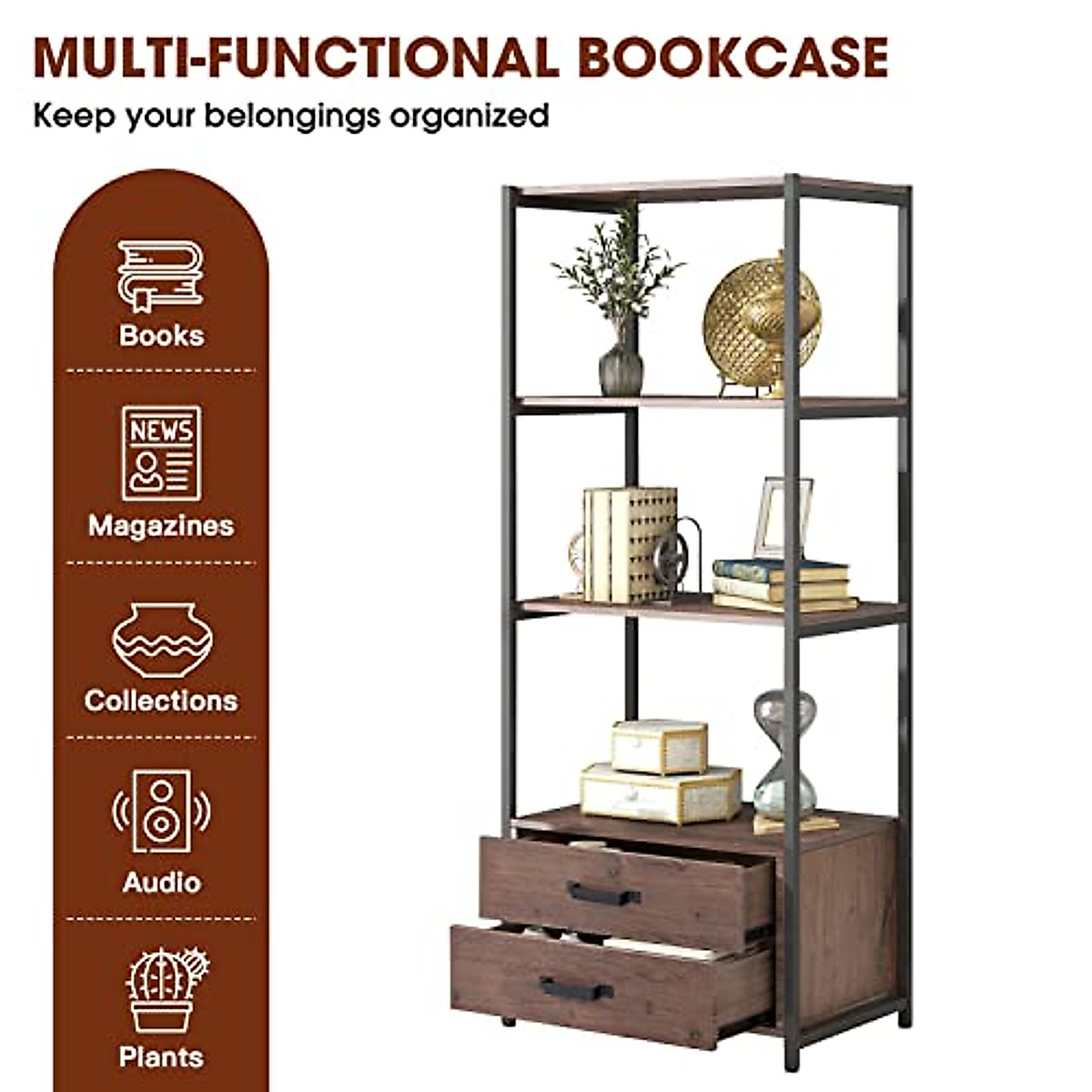 Industrial Wood Bookcase with Two Drawers, Book Storage Rack with Open Display Shelves 4-Tier Open Etagere Bookcase with Adjustable Foot Pads for Living Room, Bedroom, Office, Brown