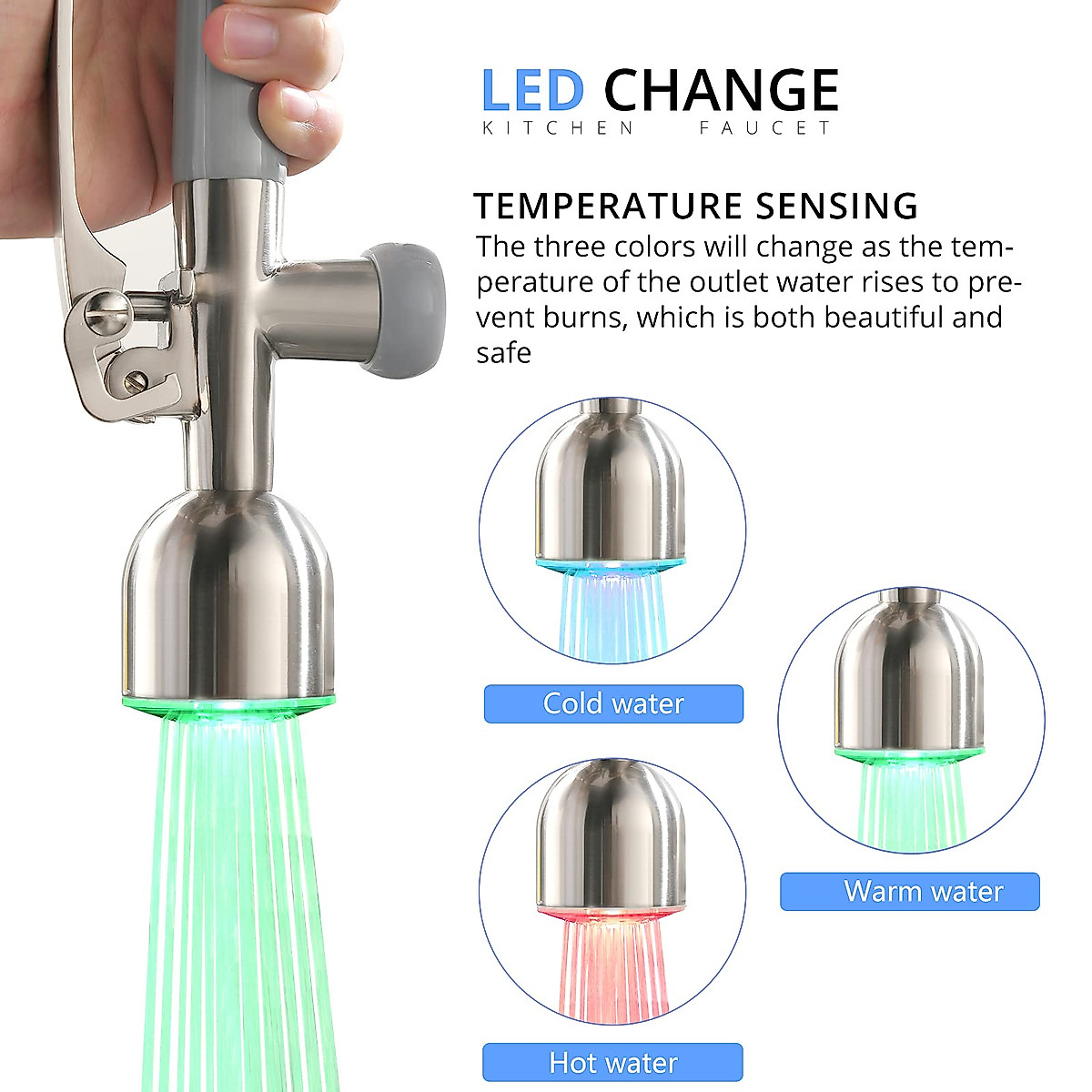 Fapully LED Kitchen Sink Faucet,Kitchen Faucet with Pull Down Sprayer Include Hole Cover Brushed Nickel