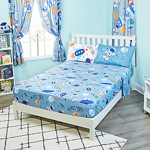 EVERYDAY KIDS Blast Off in Outer Space Twin Size Bed Sheet Set for Kids with Galaxy Design of Rockets and UFOs; Boys 3-Piece Twin Size Sheets Set Includes Flat Sheet, Fitted Sheet and Pillowcase