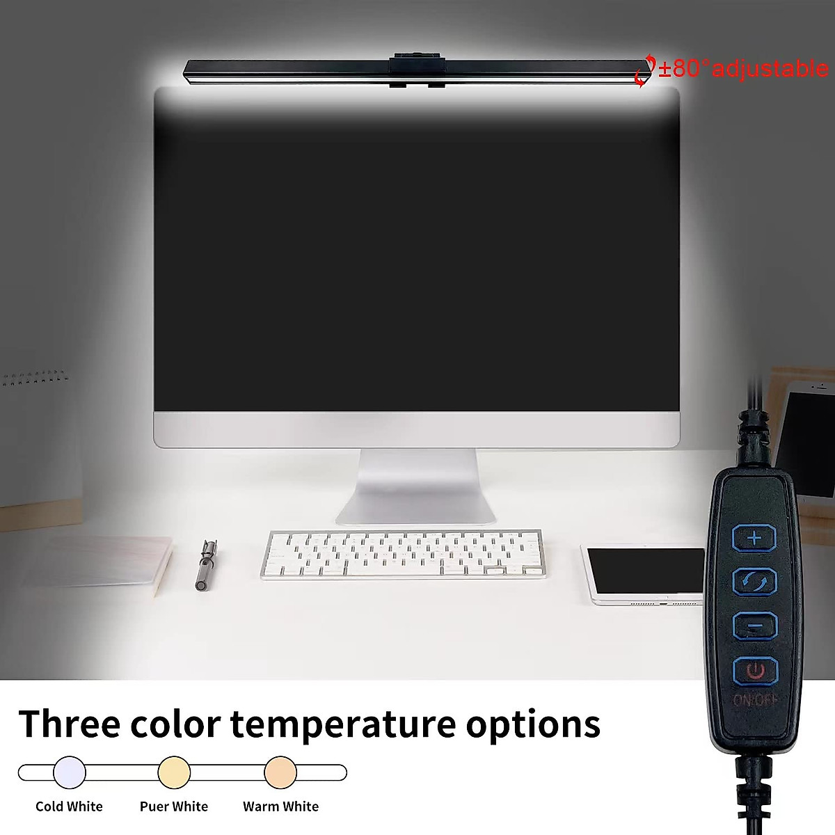Monitor Light Bar, Monitor Lights USB Powered LED Computer Light, 3 Switchable Light Modes, Dimmable Monitor Lamp, Computer Monitor Light for Desk/Office/Home, Black